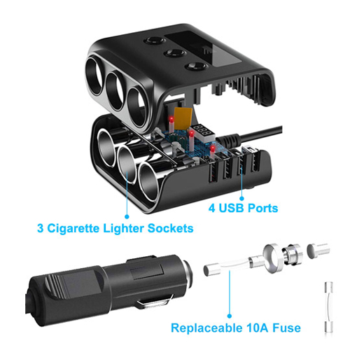 3 Socket Cigarette Lighter Adapter, 100W, 12V/24V, 4 USB | Tool.com
